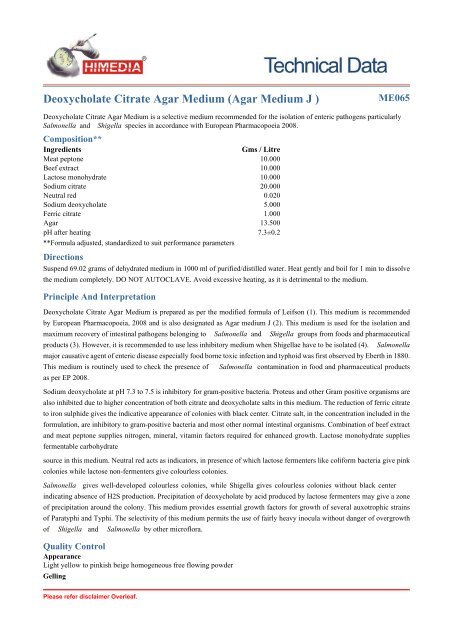 Deoxycholate Citrate Agar Medium (Agar Medium J ) - HiMedia ...