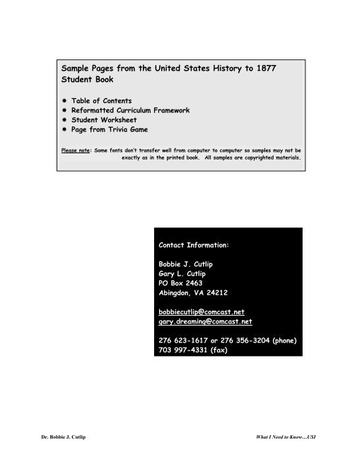Sample Pages from the United States History to 1877 Student Book