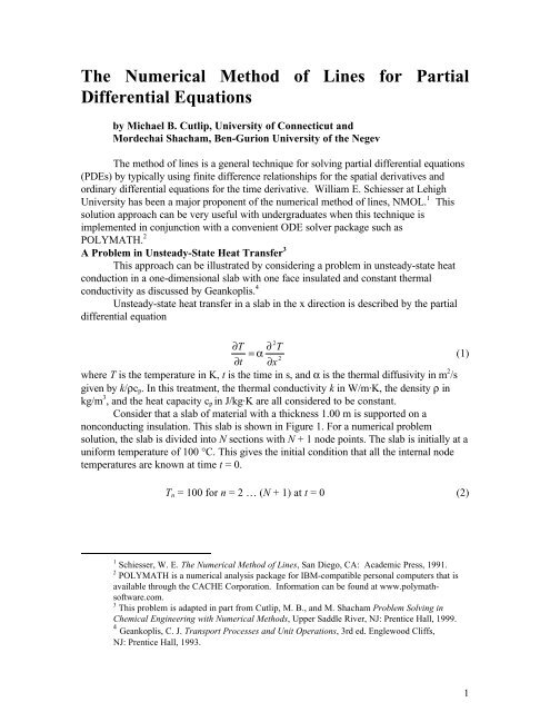 The Numerical Method Of Lines For Partial Differential Equations