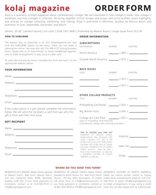 order form & catalog - Kolaj Magazine