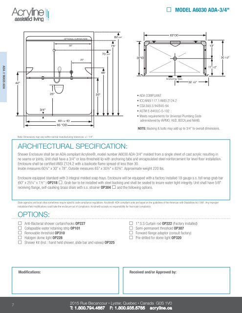 OPTIONS: ARCHITECTURAL SPECIFICATION: - Acryline