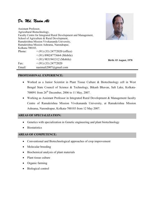 Dr. Md. Nasim Ali - Ramakrishna Mission Vivekananda University