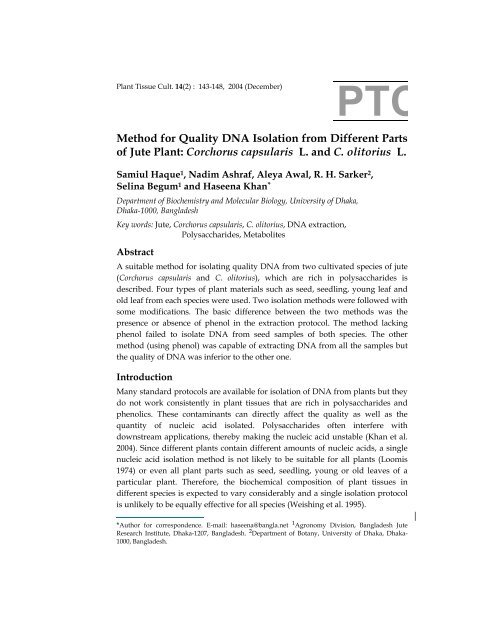 Method for Quality DNA Isolation from Different Parts of Jute Plant ...