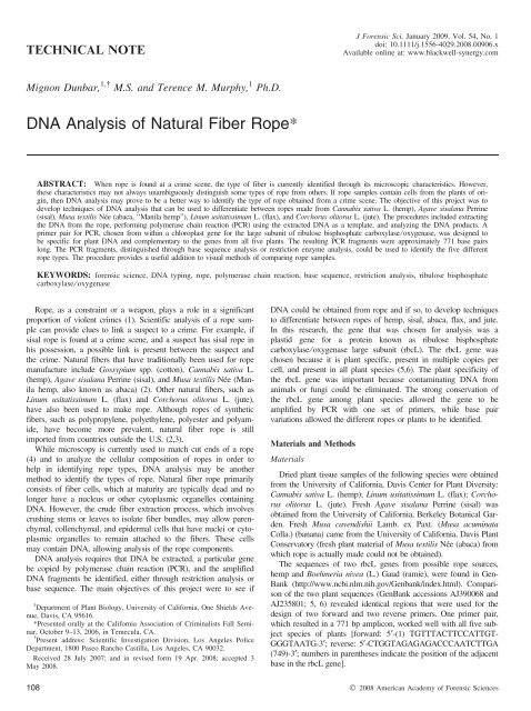 DNA Analysis of Natural Fiber Rope*