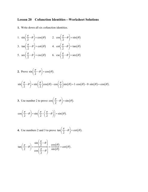 Lesson 20 Cofunction Identities—Worksheet Solutions