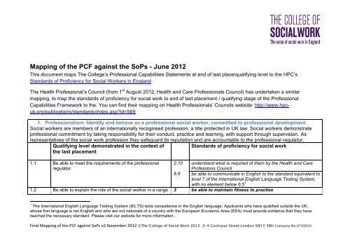 Mapping of the PCF against HPC standards of proficiency