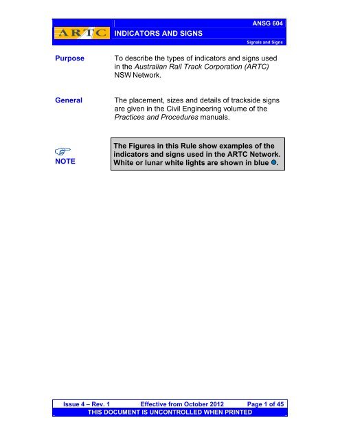 INDICATORS AND SIGNS Purpose To describe the types of ... - ARTC