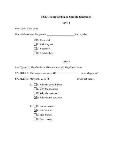 ESL Grammar/Usage Sample Questions - Golden West College