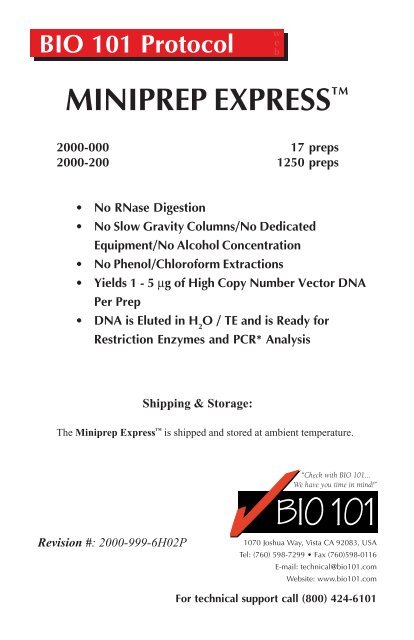 Miniprep Express™ Protocols