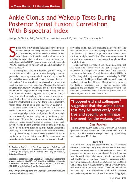 Ankle Clonus and Wakeup Tests During Posterior Spinal Fusion ...