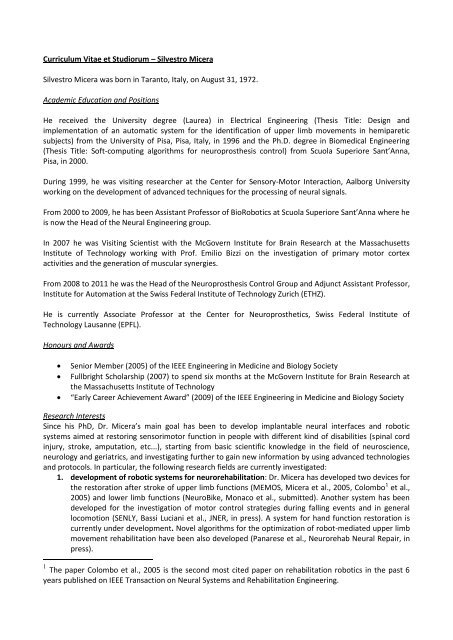 Curriculum Vitae et Studiorum – Silvestro Micera - TNE - EPFL