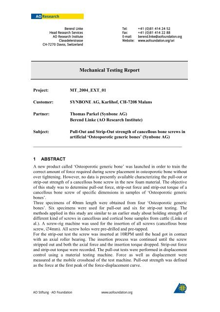 Mechanical Testing Report - Synbone