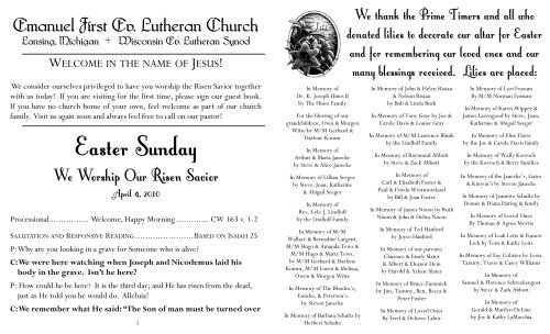 Easter Sunday Bulletin - Emanuel First Lutheran Church