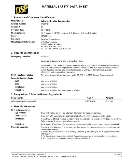 MATERIAL SAFETY DATA SHEET - US Pharmacopeial Convention