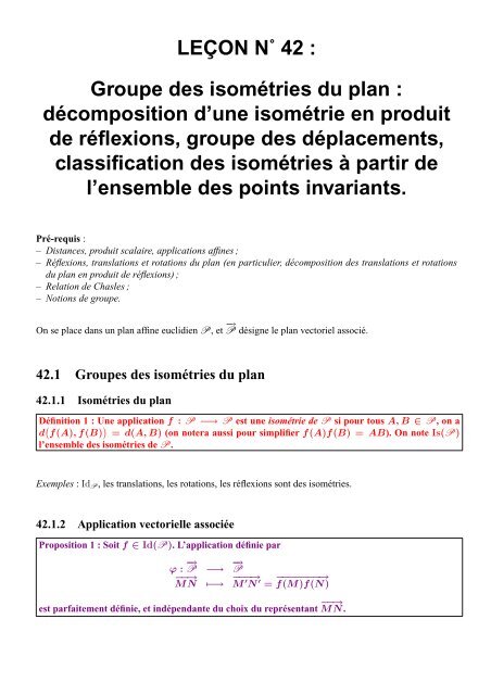 LEÇON N˚ 42 : Groupe des isométries du plan ... - CAPES de Maths