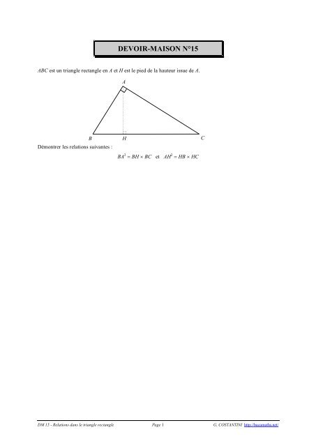 Triangle rectangle,Pythagore Devoir Maison
