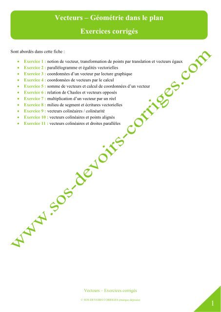 Vecteurs - Exercices corrigés Seconde - SOS Devoirs Corrigés