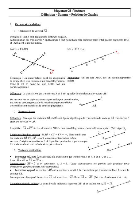 Séquence 08 : Vecteurs Définition – Somme – Relation de Chasles