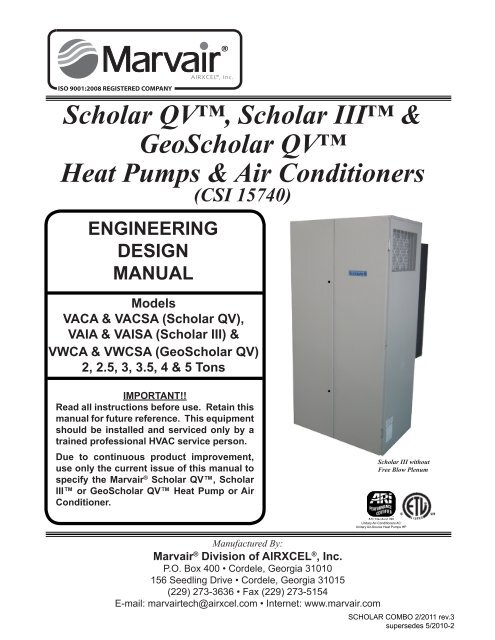 Scholar III, Scholar QV and GeoScholar QV Engineering - Marvair