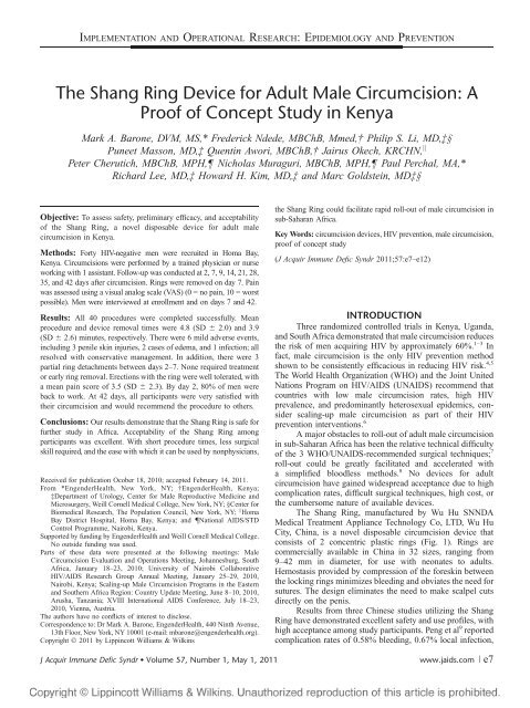 The Shang Ring Device for Adult Male Circumcision: A Proof of ...