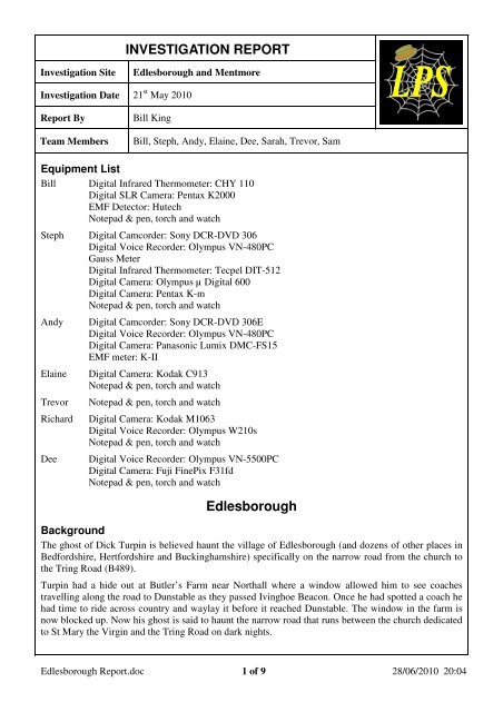 LPS Investigation Report - Luton Paranormal Society