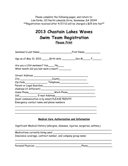 Swim Team Registration Form 2013 - Chastain Lakes