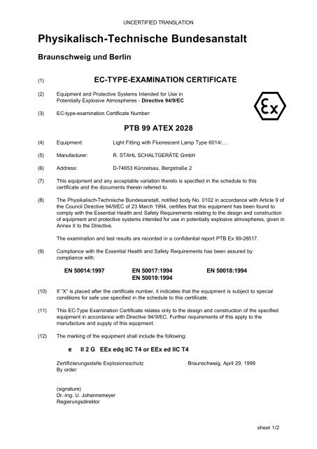 PTB 99 ATEX 2028 - r. stahl