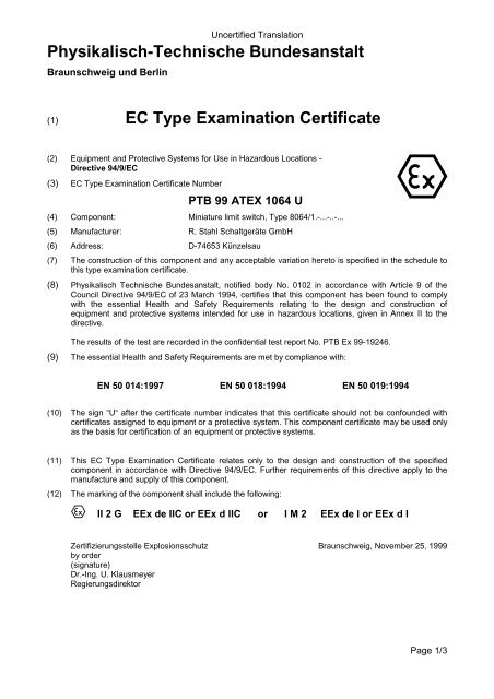 PTB 99 ATEX 1064 U - r. stahl