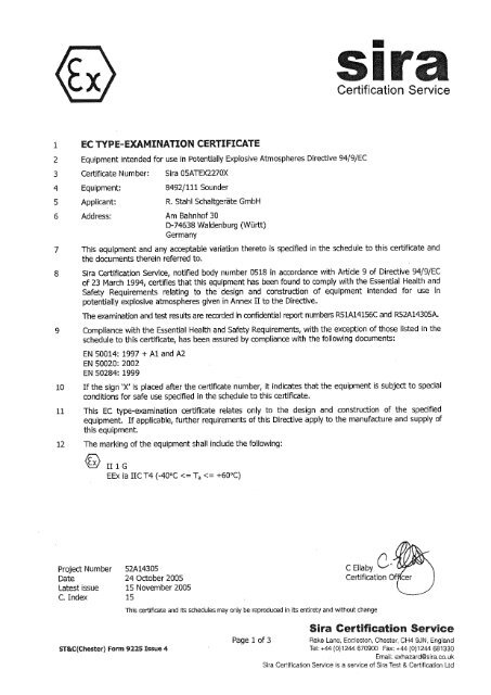Sira 05 ATEX 2270 X - r. stahl