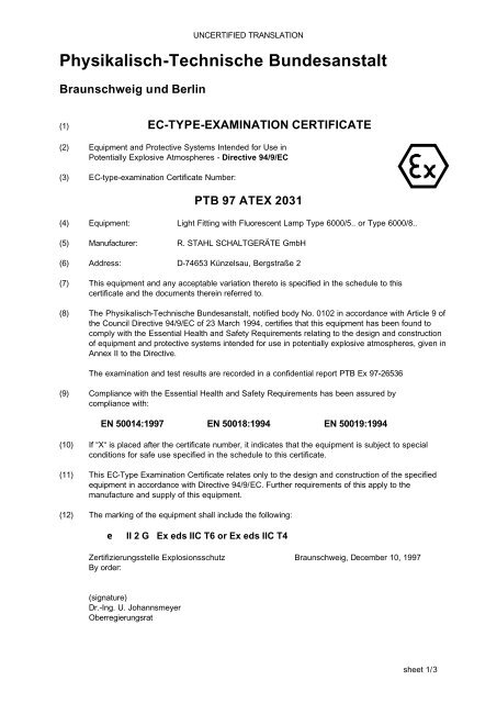 PTB 97 ATEX 2031 - r. stahl