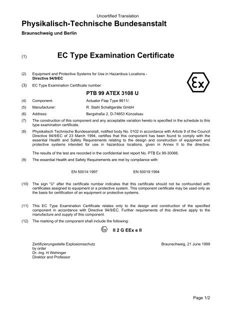 PTB 99 ATEX 3108 U - R. Stahl