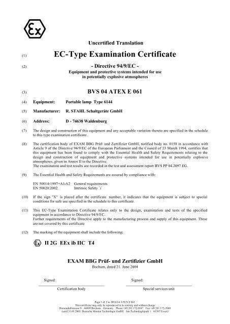 EC-Type Examination Certificate BVS 04 ATEX E 061 - R. Stahl