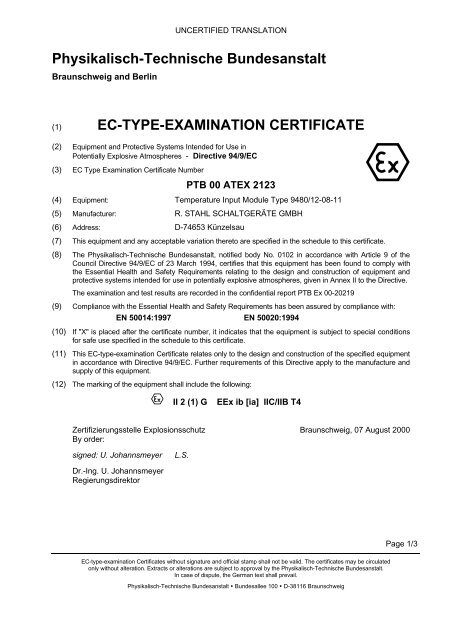 PTB 00 ATEX 2123 - r. stahl