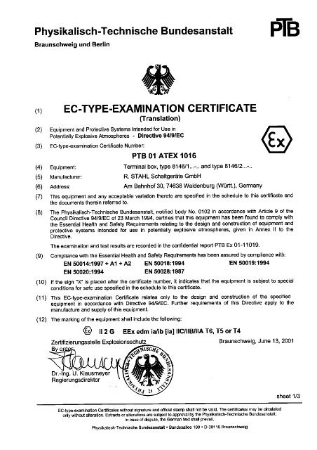 PTB 01 ATEX 1016 - r. stahl