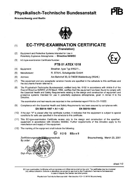 PTB 01 ATEX 1018 - R. Stahl