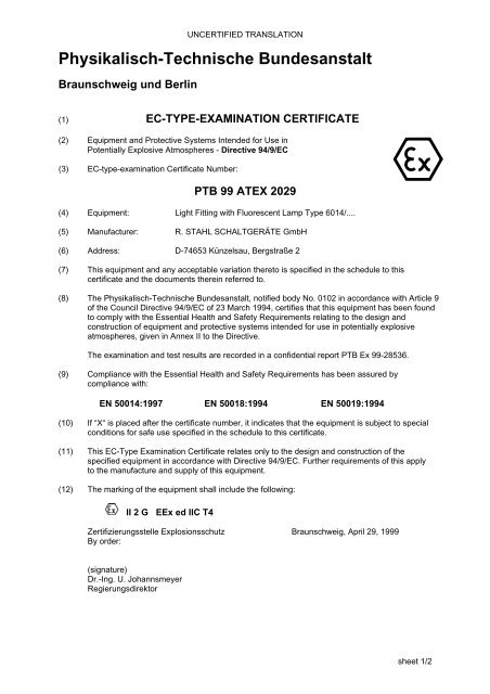 PTB 99 ATEX 2029 - r. stahl