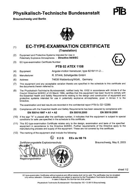 PTB 02 ATEX 1108 - r. stahl