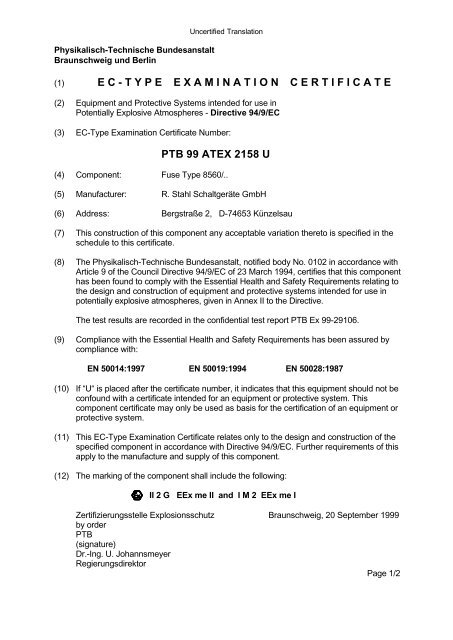 ec - typeexaminationcertif icate ptb 99 atex 2158 u - R. Stahl, Inc.