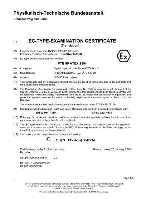 PTB 99 ATEX 2184 - r. stahl