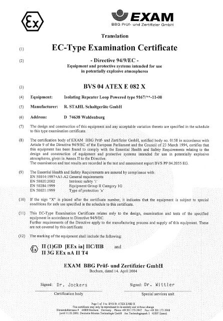 BVS 04 ATEX E 082 X - r. stahl