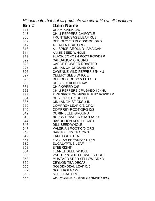 List of bulk herbs and spices bin numbers