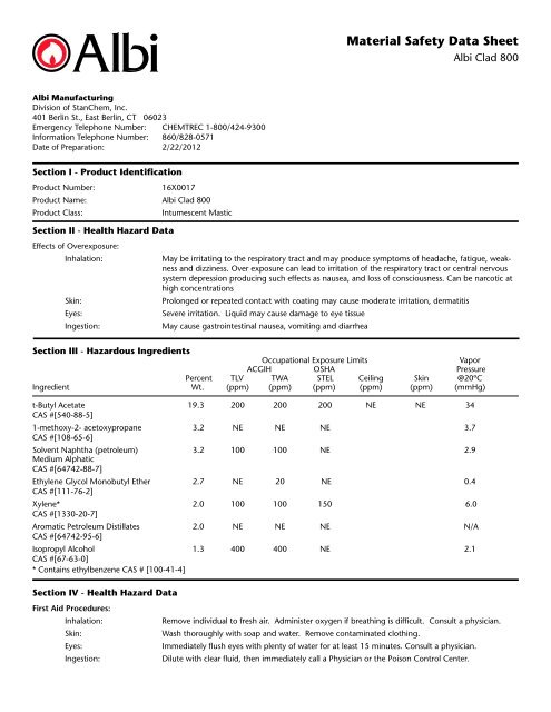 Material safety data sheet albi clad 800 - Albi Manufacturing