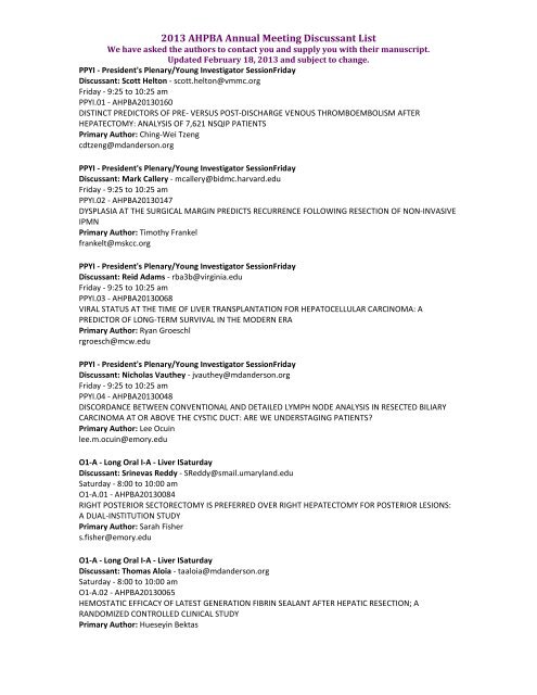 2013 AHPBA Annual Meeting Discussant List