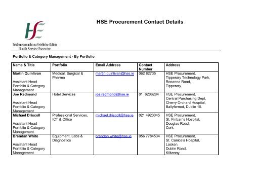 HSE Procurement Contact Details for Market/Supply Base