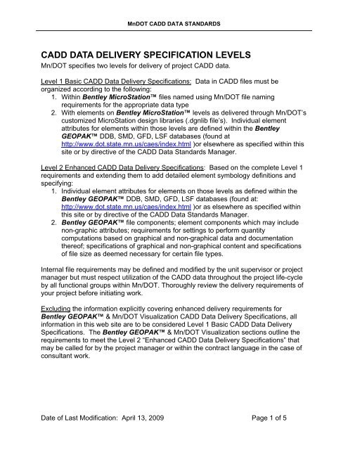 Minnesota Dept. of Transportation CADD Data Delivery Specification