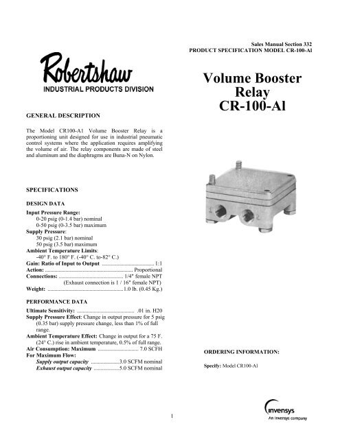 Volume Booster Relay CR-100-Al - Robertshaw Industrial Products