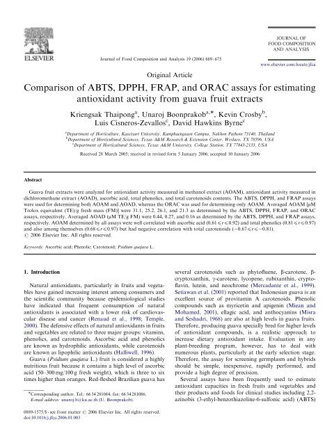 Comparison Of Abts Dpph Frap And Orac Assays For