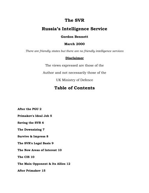 The SVR Russia's Intelligence Service Table of Contents