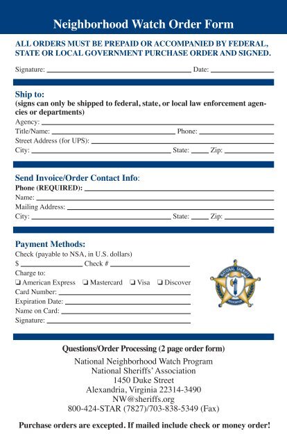 Neighborhood Watch Order Form - National Sheriffs' Association