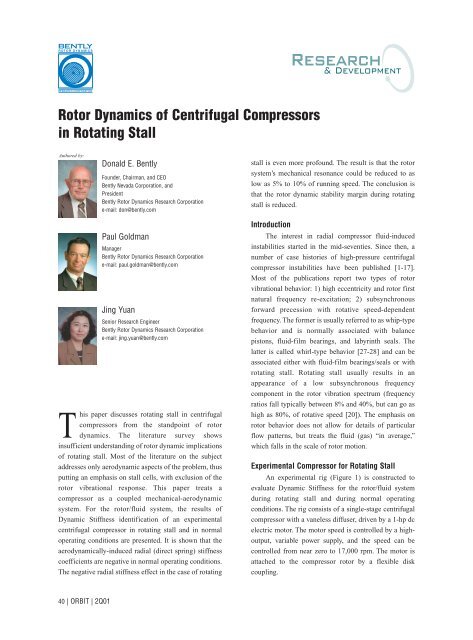 Rotor Dynamics of Centrifugal Compressors in Rotating Stall - GE ...